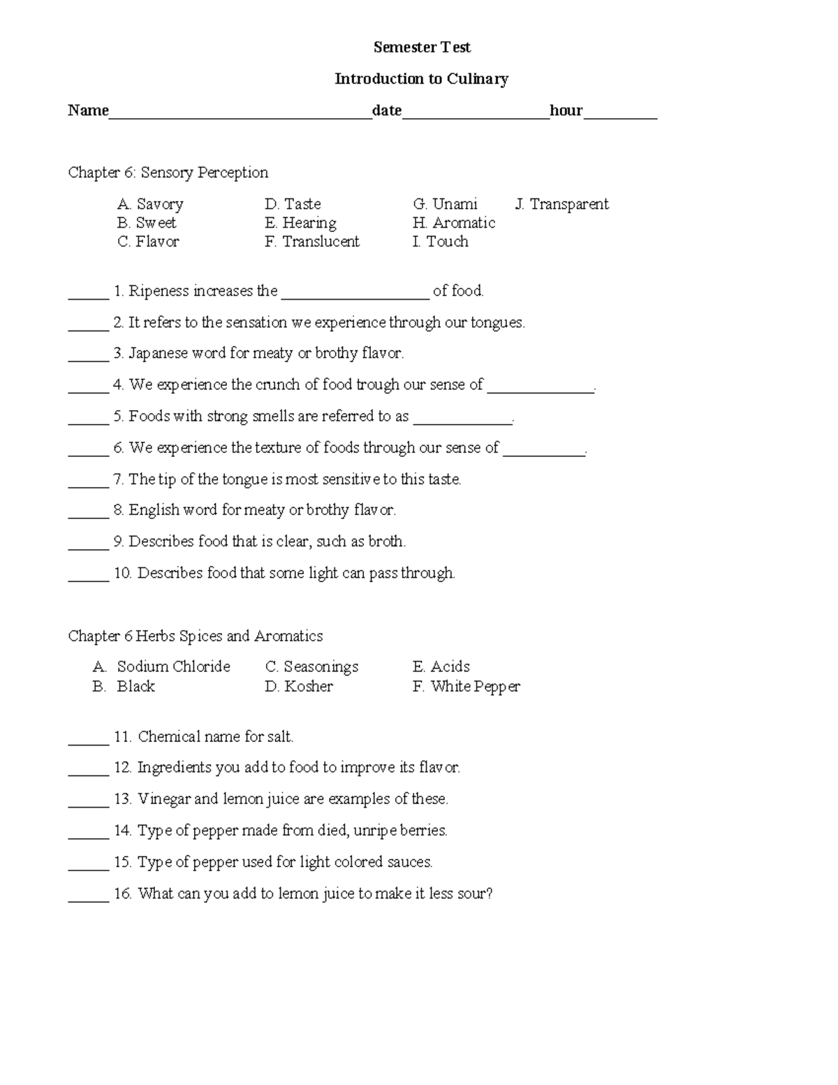 Intro+to+culinary+test - Semester Test Introduction to Culinary - Studocu