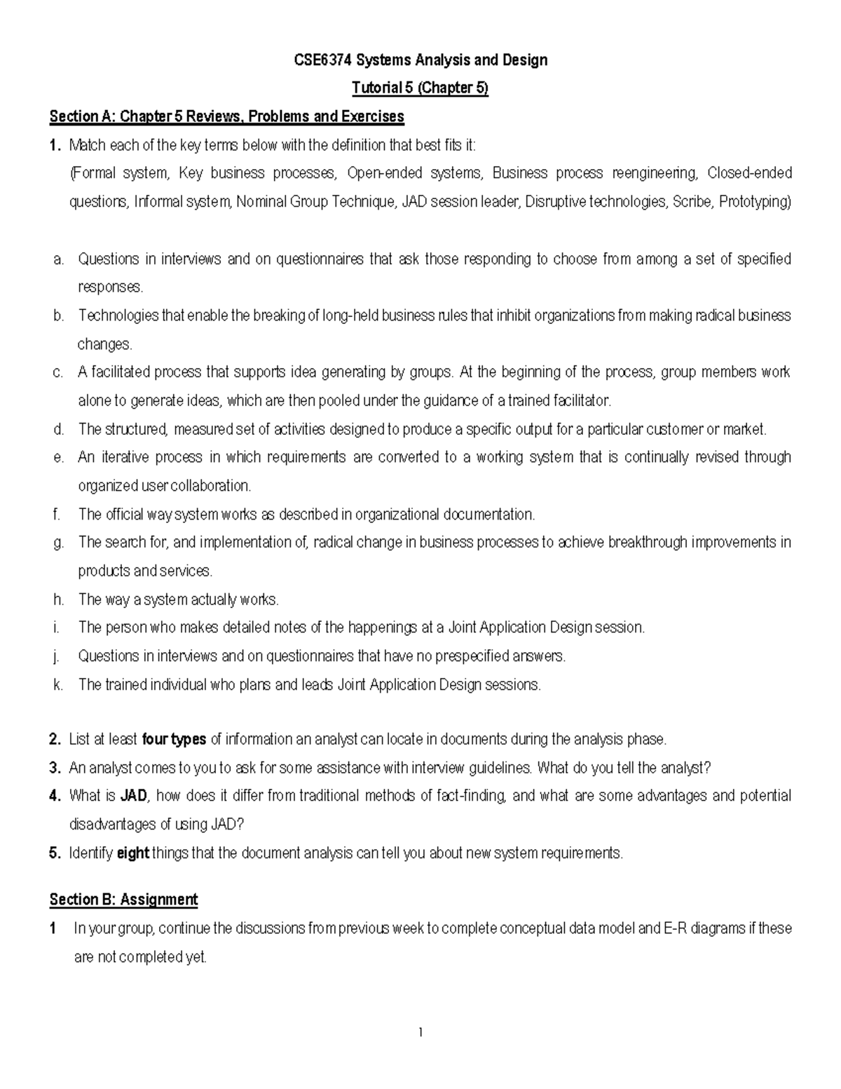 CSE6374 Systems analysis and design tutorial 5: Chapter 5 review and ...