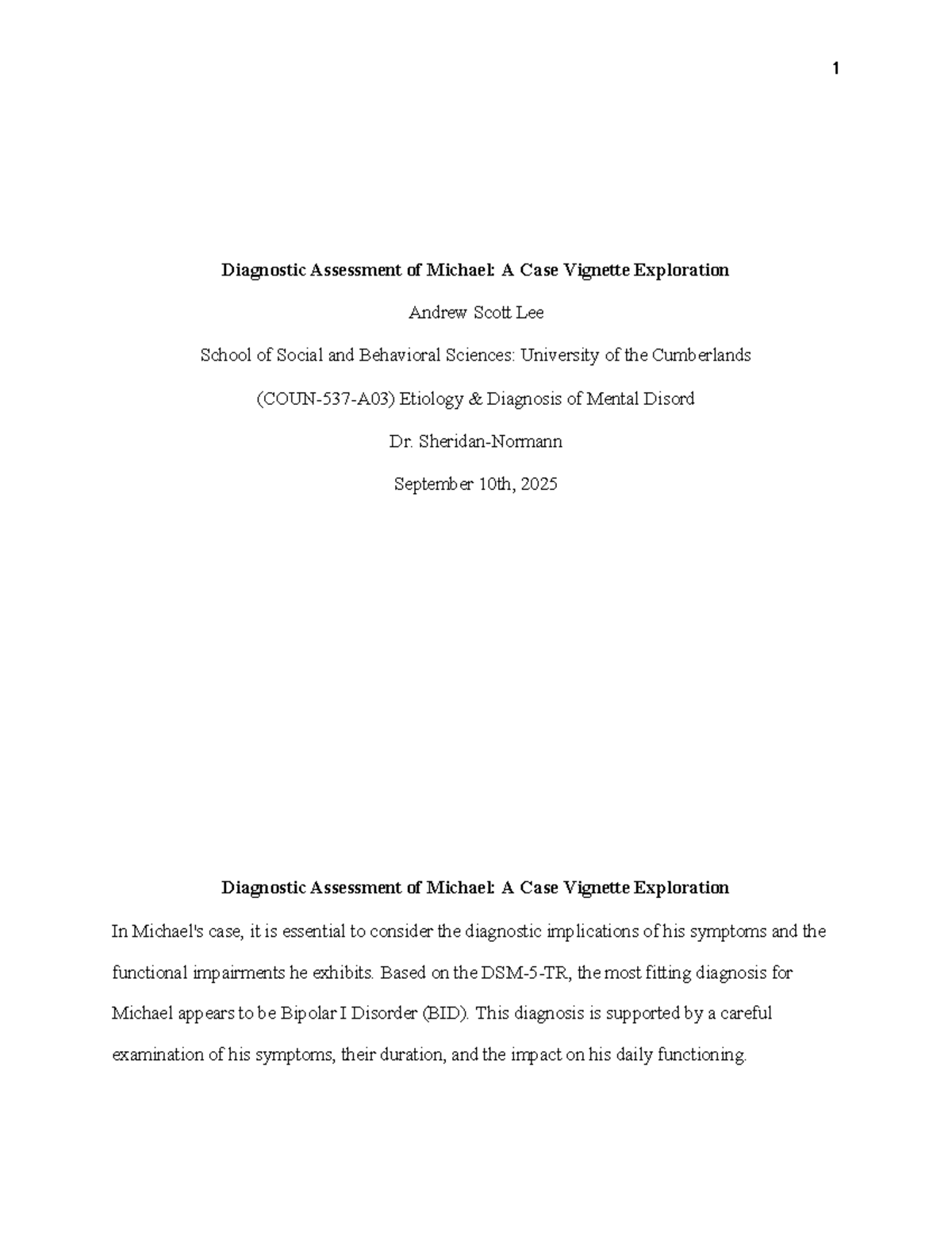 1 Diagnostic Assessment of Michael: Case Vignette Analysis - Studocu