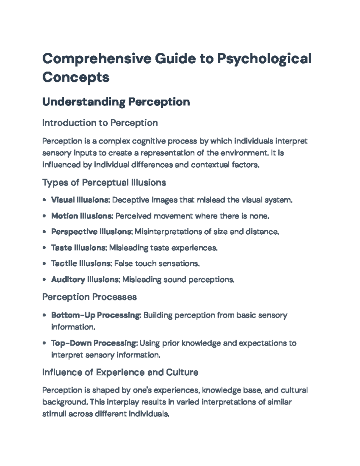 Comprehensive Psychological Concepts: Memory, Perception, and Theories ...
