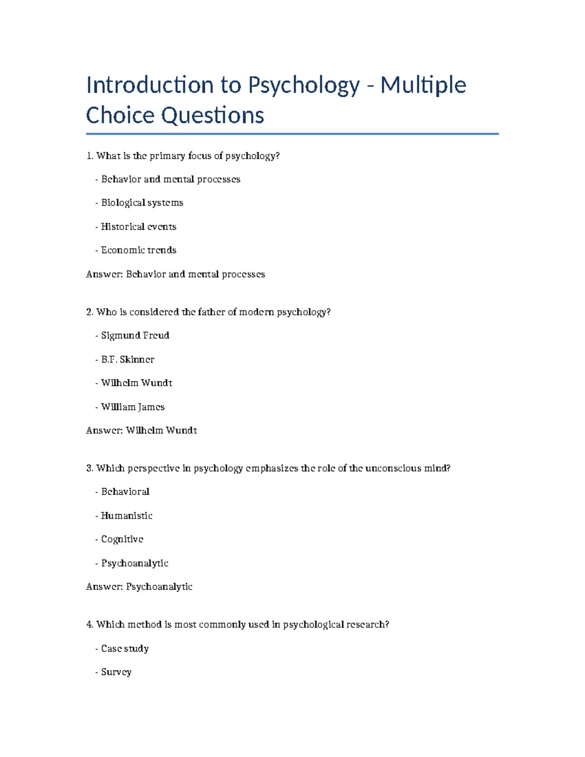Psychology mc set1 - Multiple choices - Introduction to Psychology ...