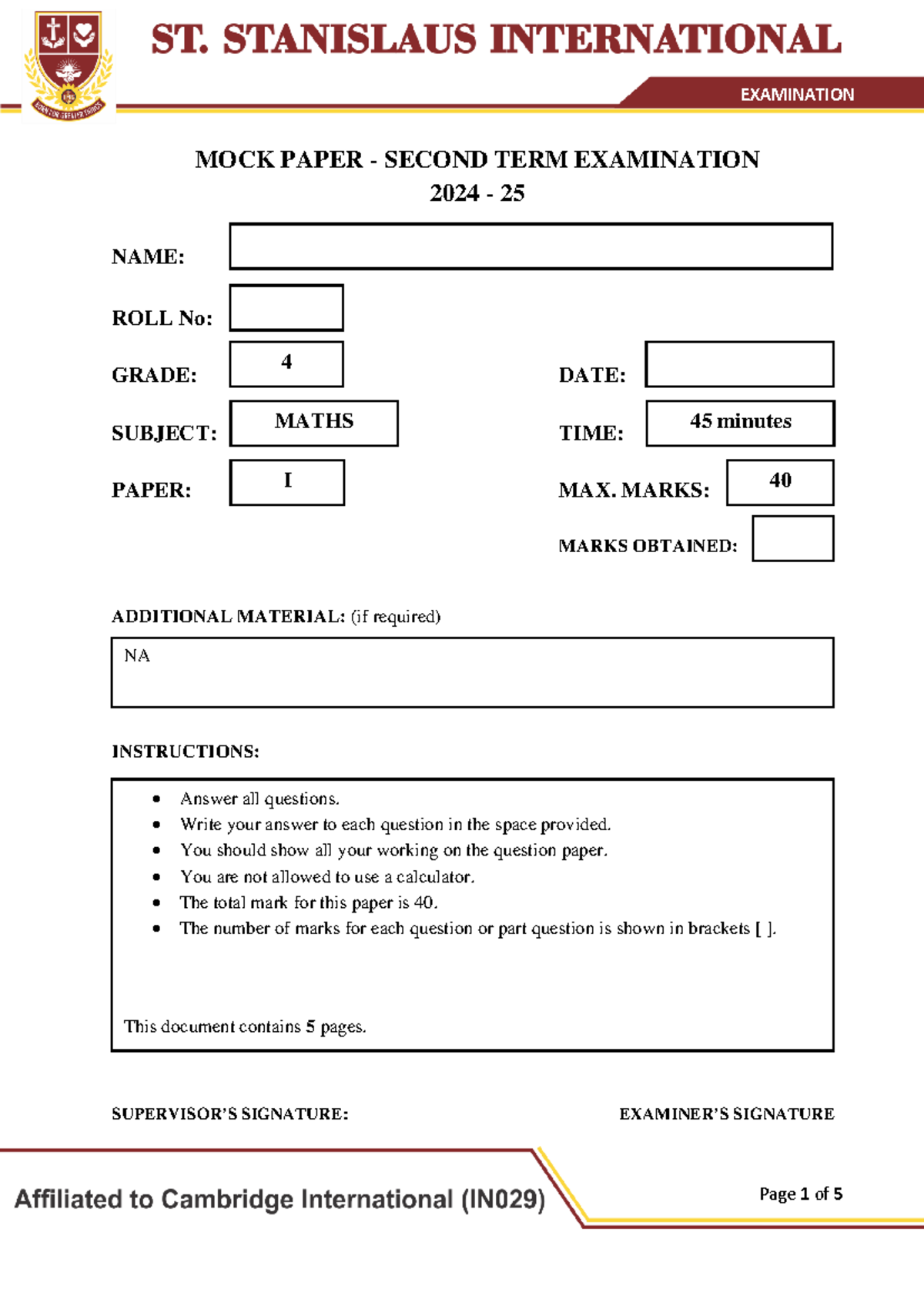 Mock Paper - Second Term Exam 2024-25 - Math Grade 4 - Studocu