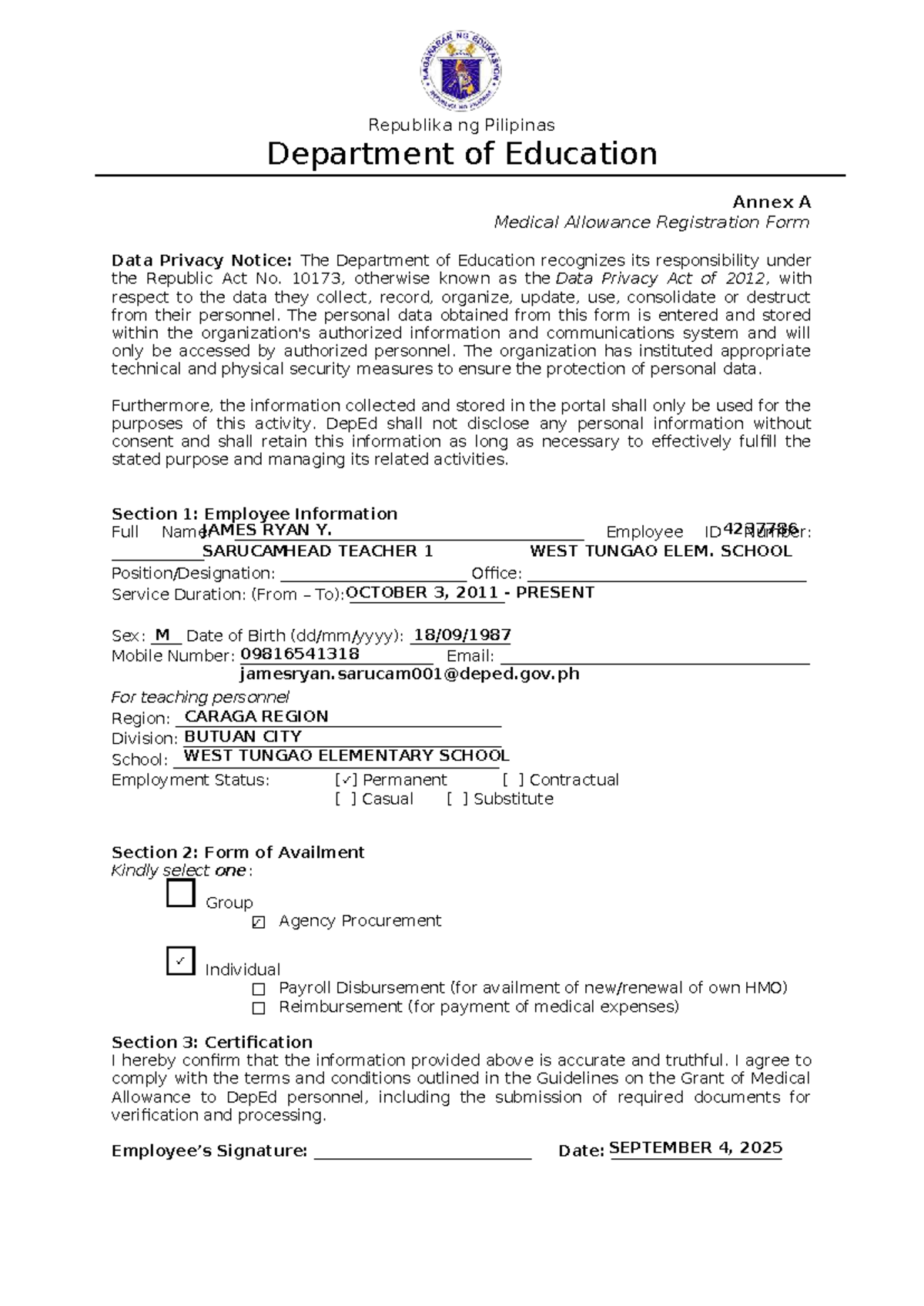 DepEd Medical Allowance Registration Form (Annex A) - Studocu
