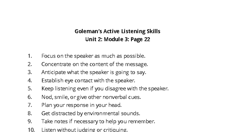 Active Listening Skills: Unit 2, Module 3 Overview - Studocu