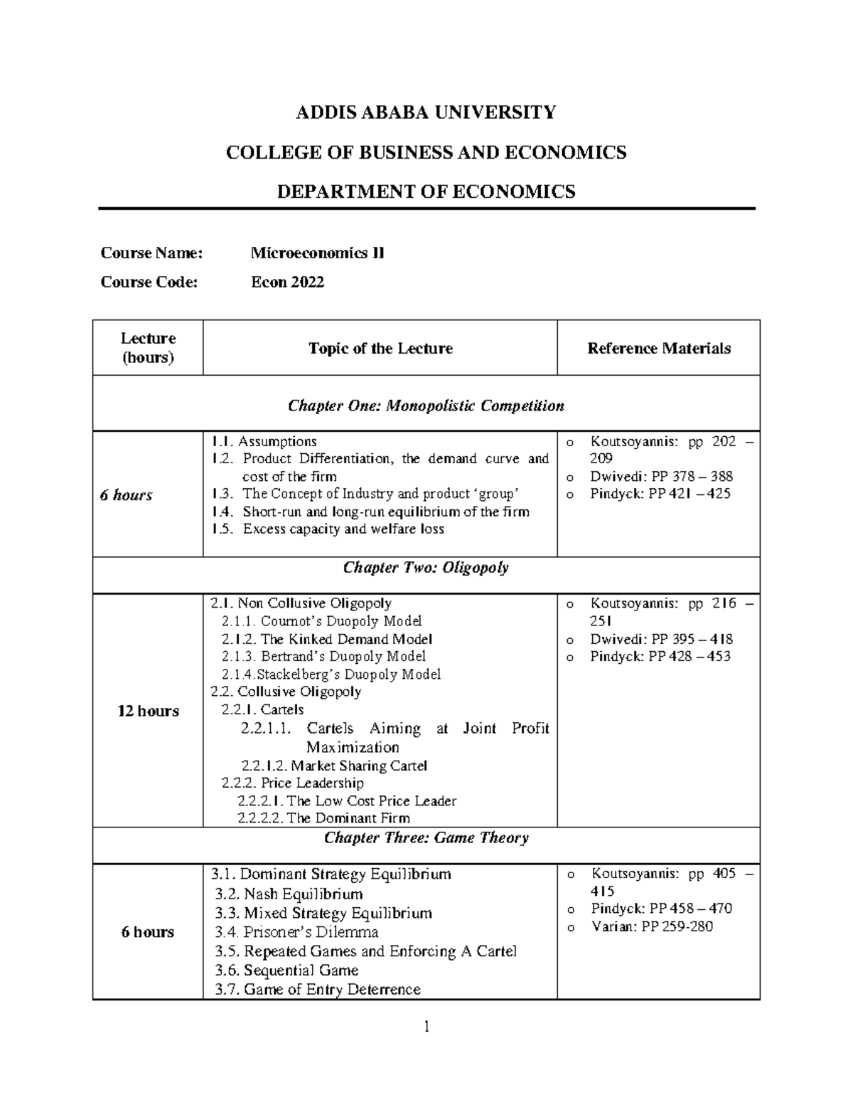 Econ 2022: Microeconomics II Course Outline and Lecture Topics - Studocu