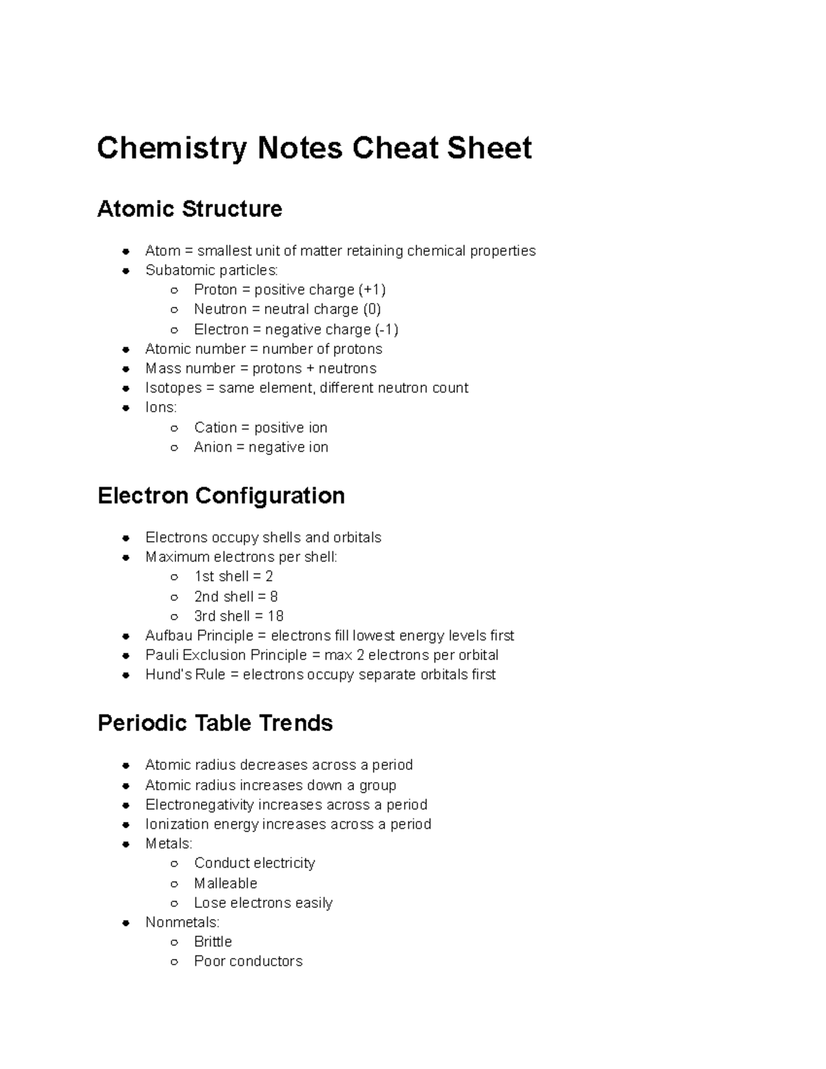Chemistry 101: Atomic Structure and Chemical Properties Notes - Studocu