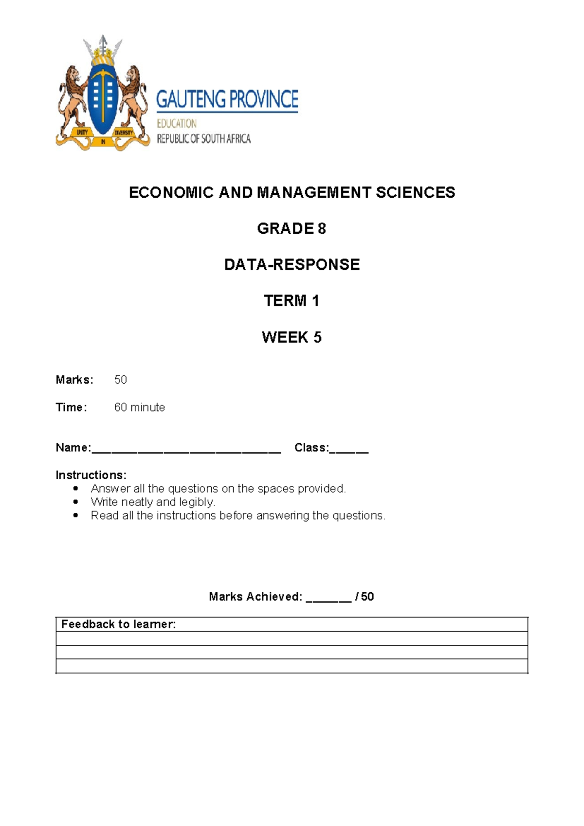 Grade 8 - Task 1 - Data Respons - Instructions - 2021 - ECONOMIC AND ...
