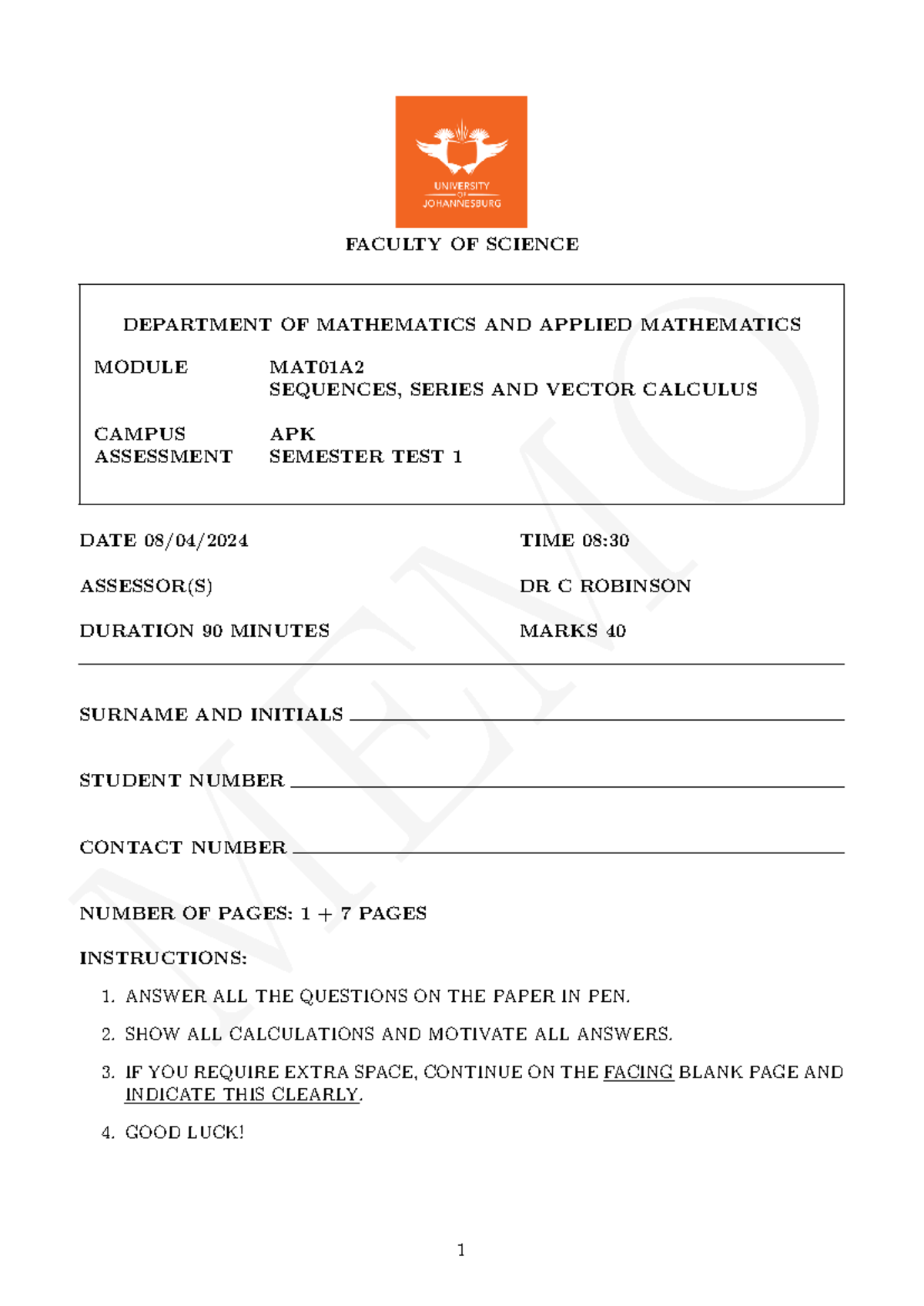 MAT01A2 SEMESTER TEST 1 MEMO: SEQUENCES, SERIES & VECTOR CALCULUS - Studocu