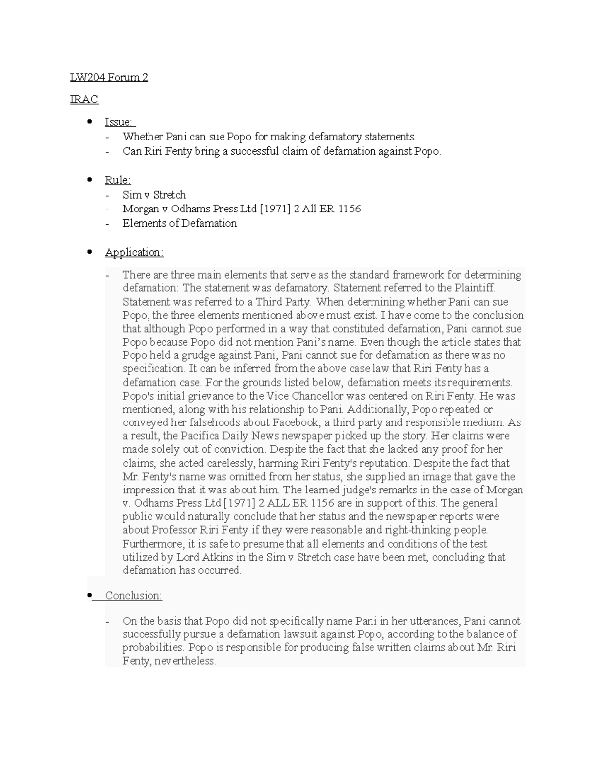 LW204 Forum 2 - Can Riri Fenty bring a successful claim of defamation against Popo. Rule: - Sim ...