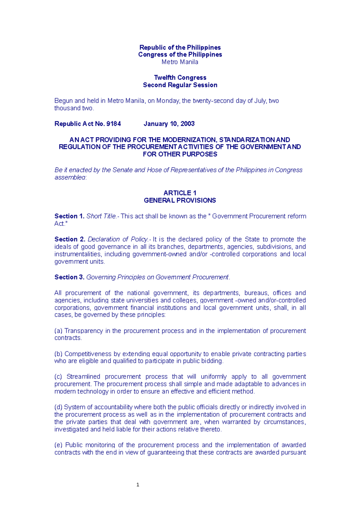 Republic Act No. 9184: Government Procurement Reform Act Summary - Studocu