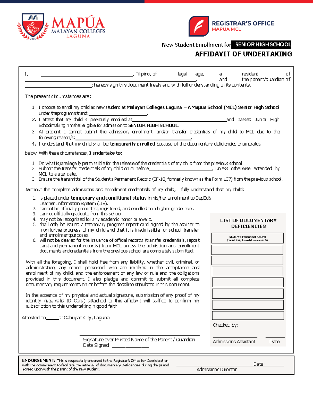2023 SHS Affidavit of Undertaking for New Student Enrollment - Studocu