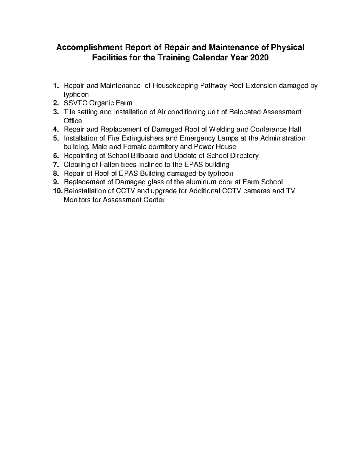 Accomplishment Report: Repair & Maintenance of Facilities 2020 - Studocu