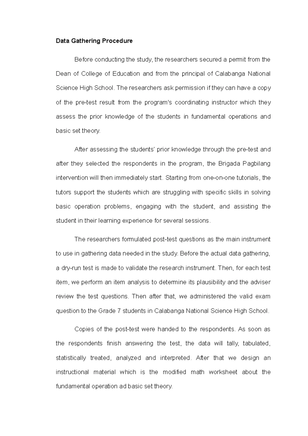 Data Gathering Procedure 1 1 - Data Gathering Procedure Before ...