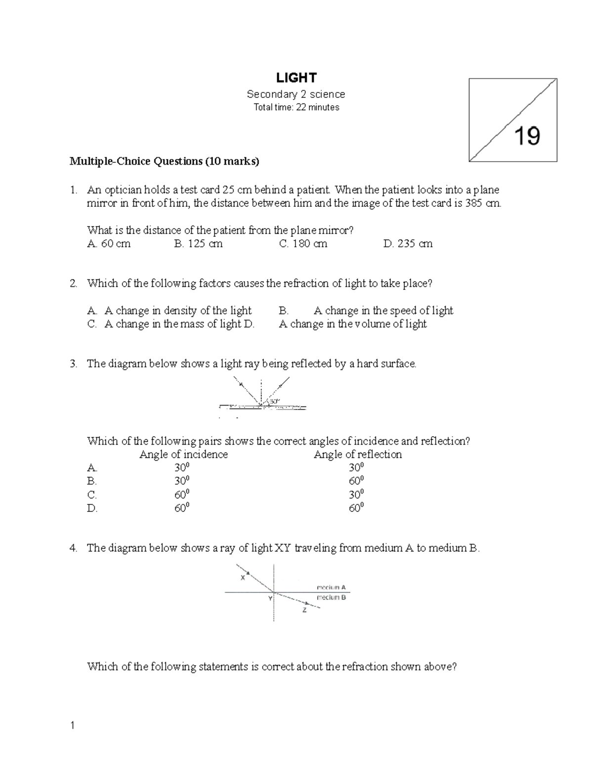 Light Quiz S2 - Science - Multiple Choice & Short Answer Questions ...