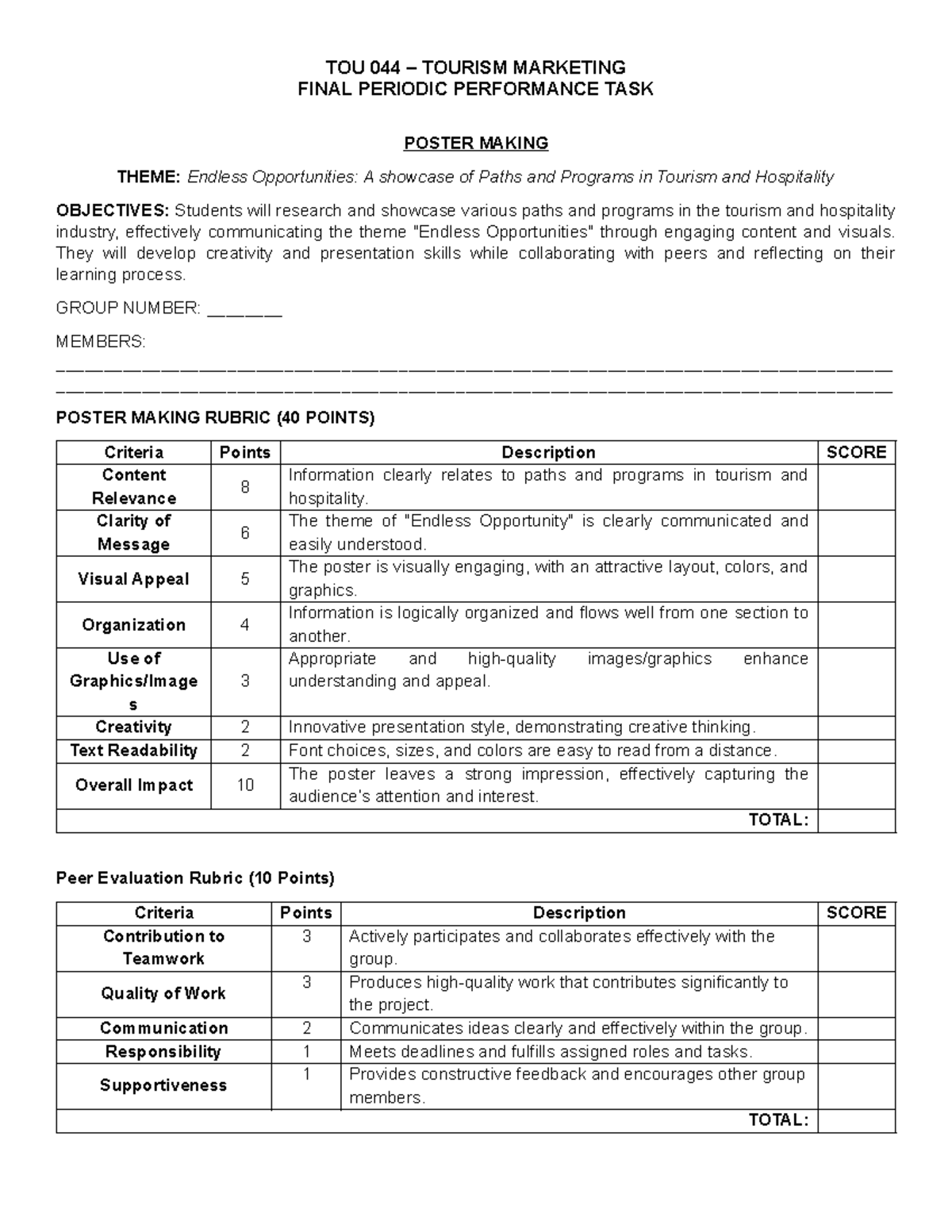 TOU 044 Final Periodic Task: Poster Making Rubric on Tourism ...