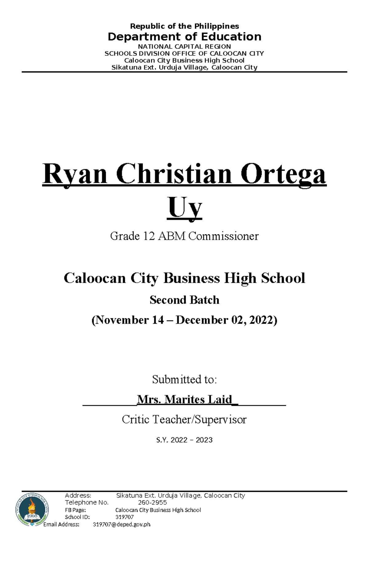 Work Immersion Cover page - Republic of the Philippines Department of ...