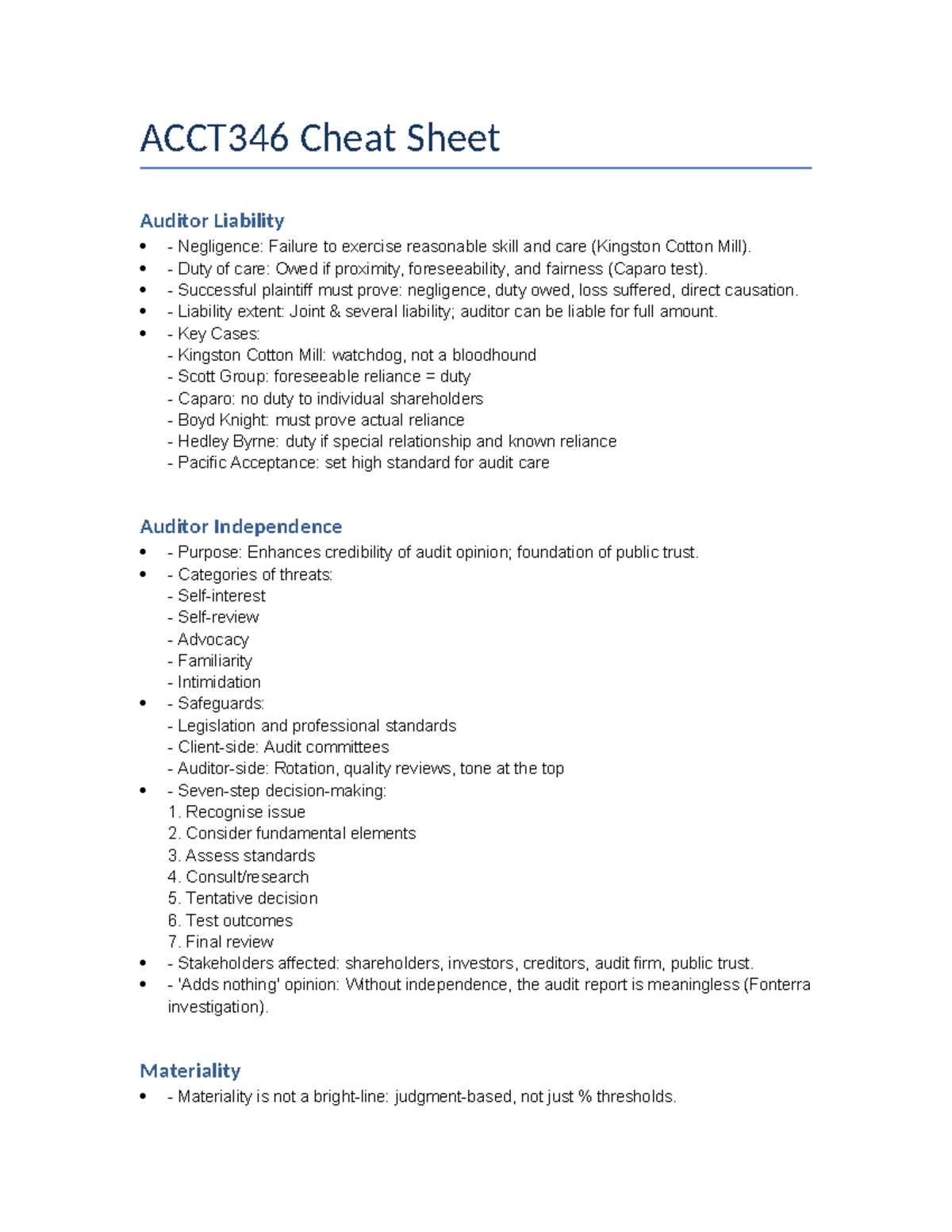 ACCT346 Cheat Sheet - ACCT346 Cheat Sheet Auditor Liability ...