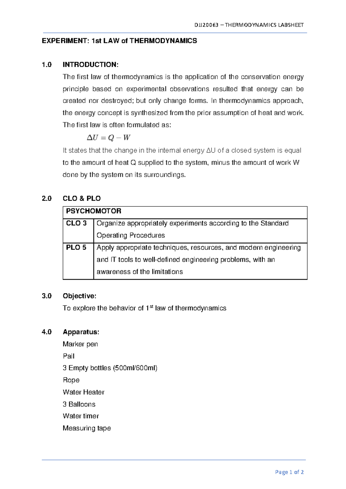 DJJ20063 - Lab 1: 1st Law of Thermodynamics Experiment Report - Studocu