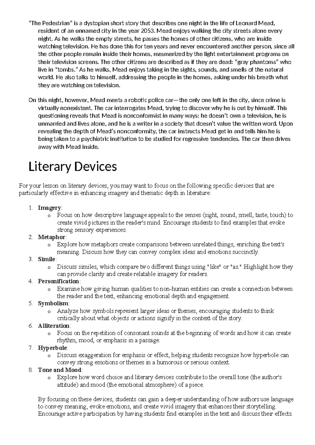 Literary Devices in Ray Bradbury's "The Pedestrian" (ENG 101) - Studocu