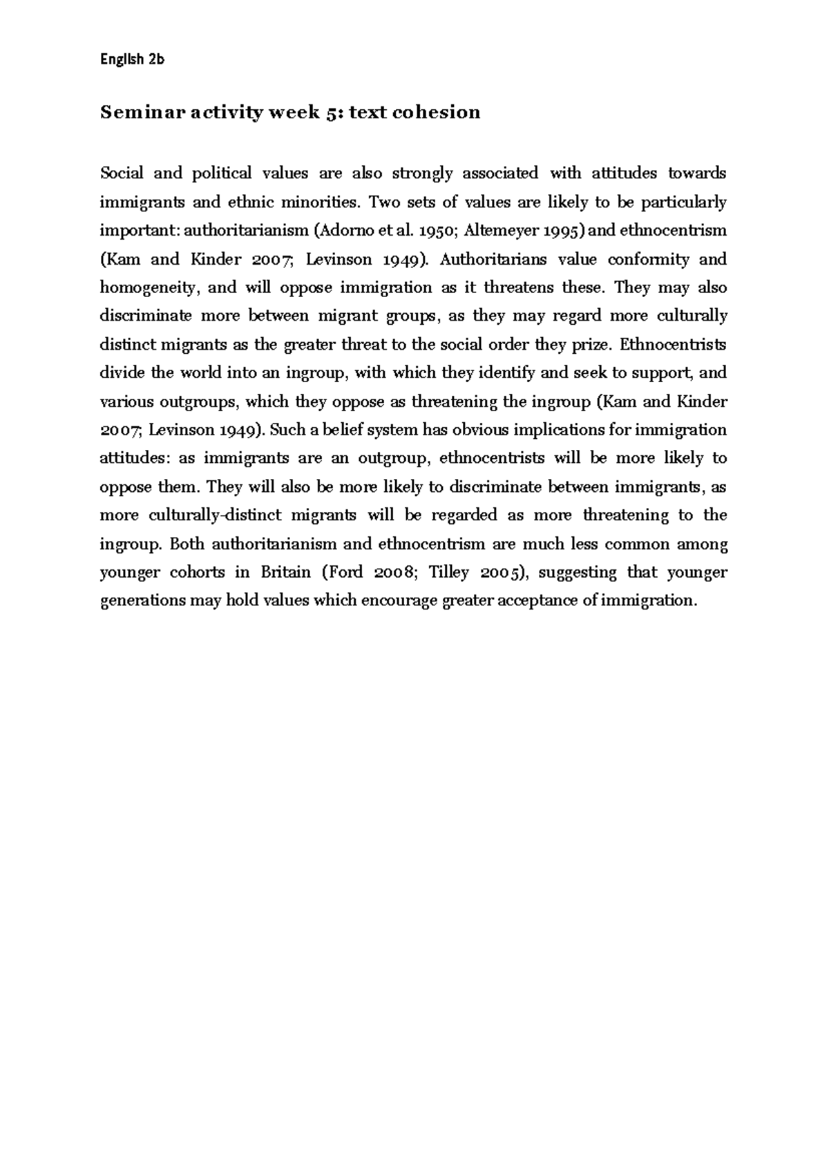 English 2B Seminar: Cohesion Worksheet on Social & Political Values ...