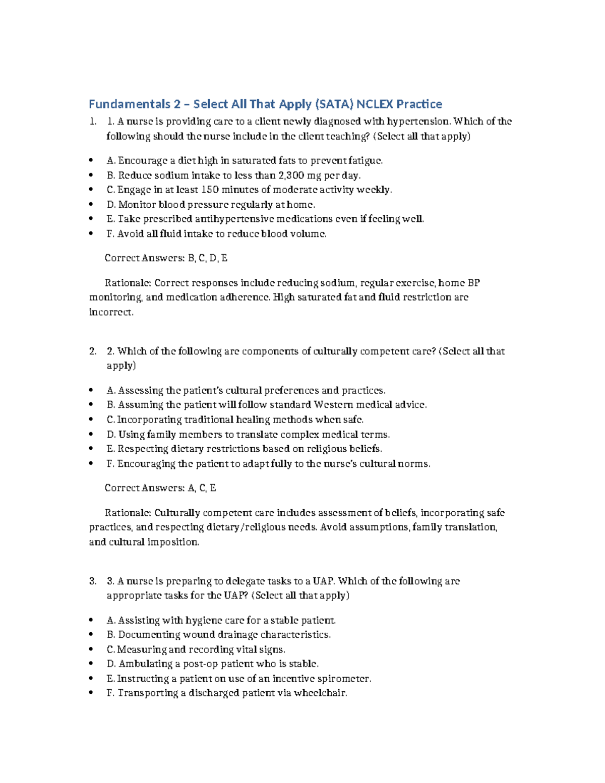 Fundamentals 2 SATA NCLEX Practice Quiz - Studocu