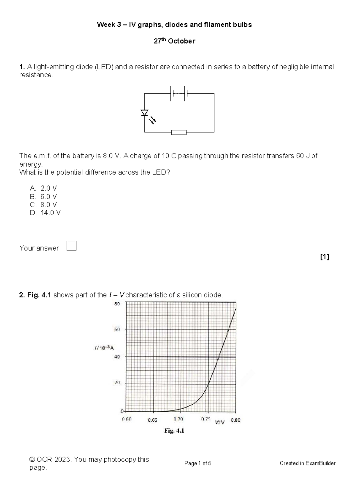 Week 3: IV Graphs, Diodes & Filament Bulbs - OCR 2023 - Studocu