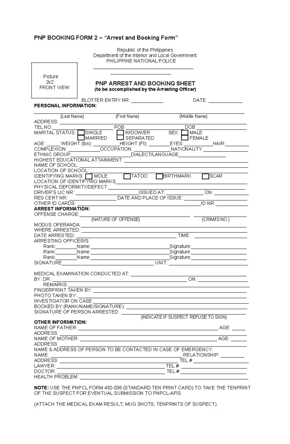 PNP Arrest and Booking Form - Standard Procedure Documentation - Studocu