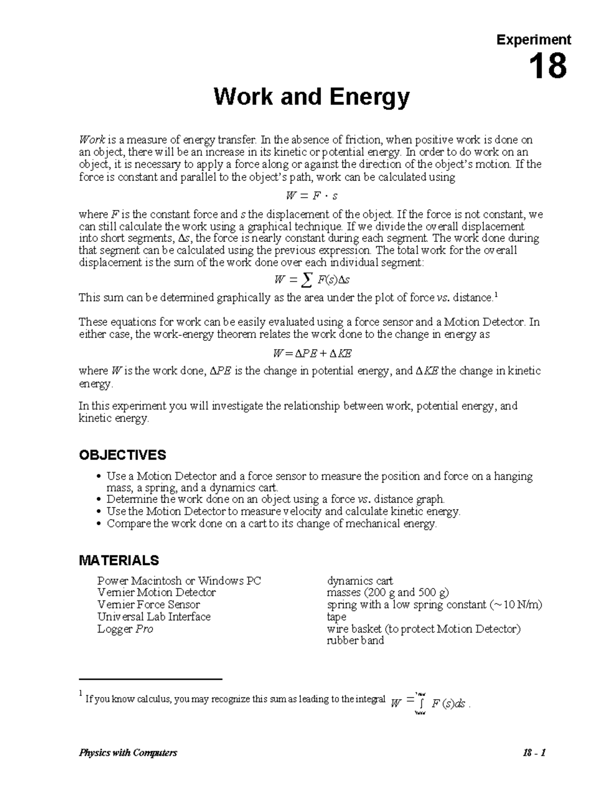 Lab Work and Energy - Physics with Computers 18 - 1 Work and Energy ...