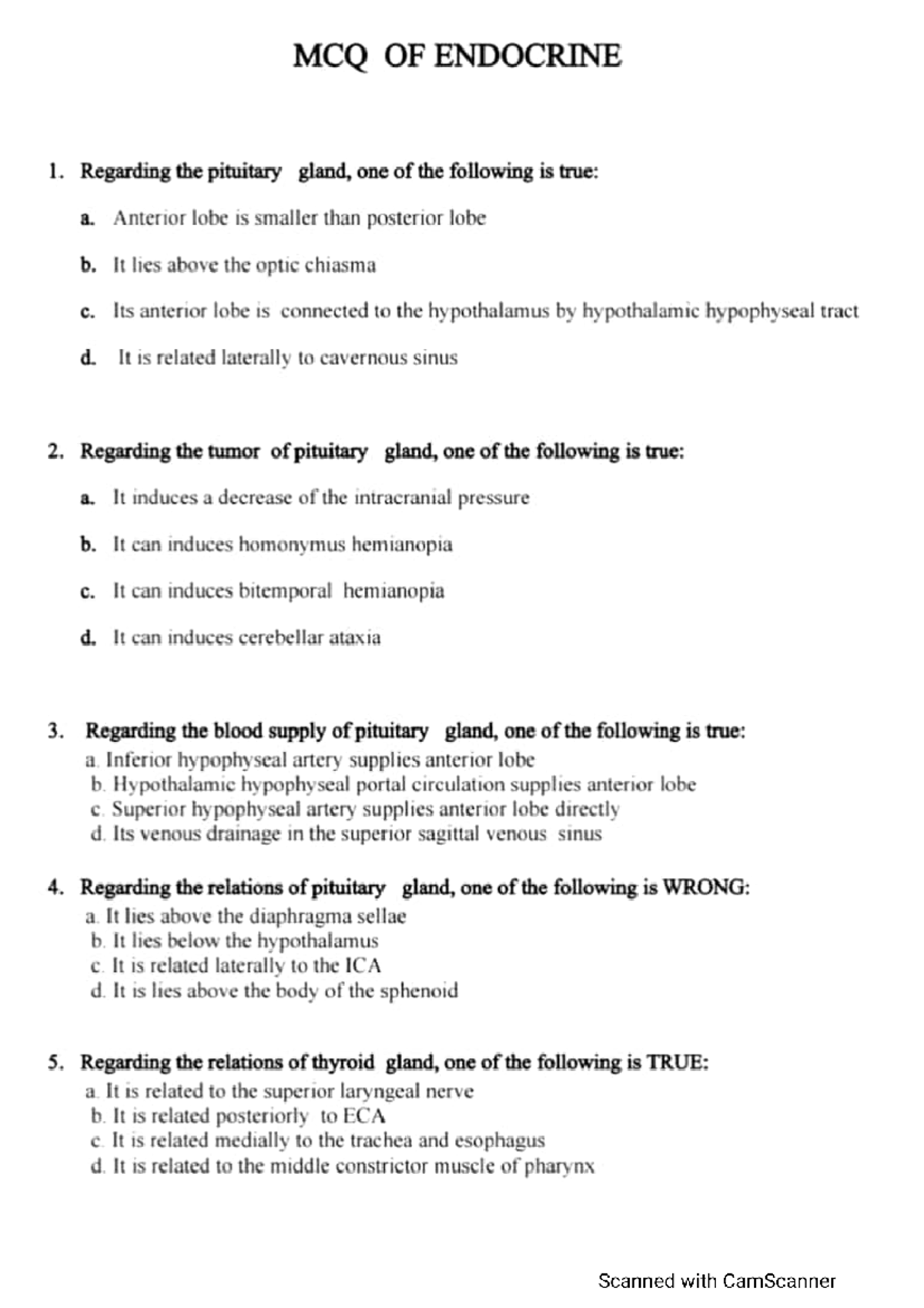 Anatomy MCQs on Endocrine System - Course Code: 209 - Studocu
