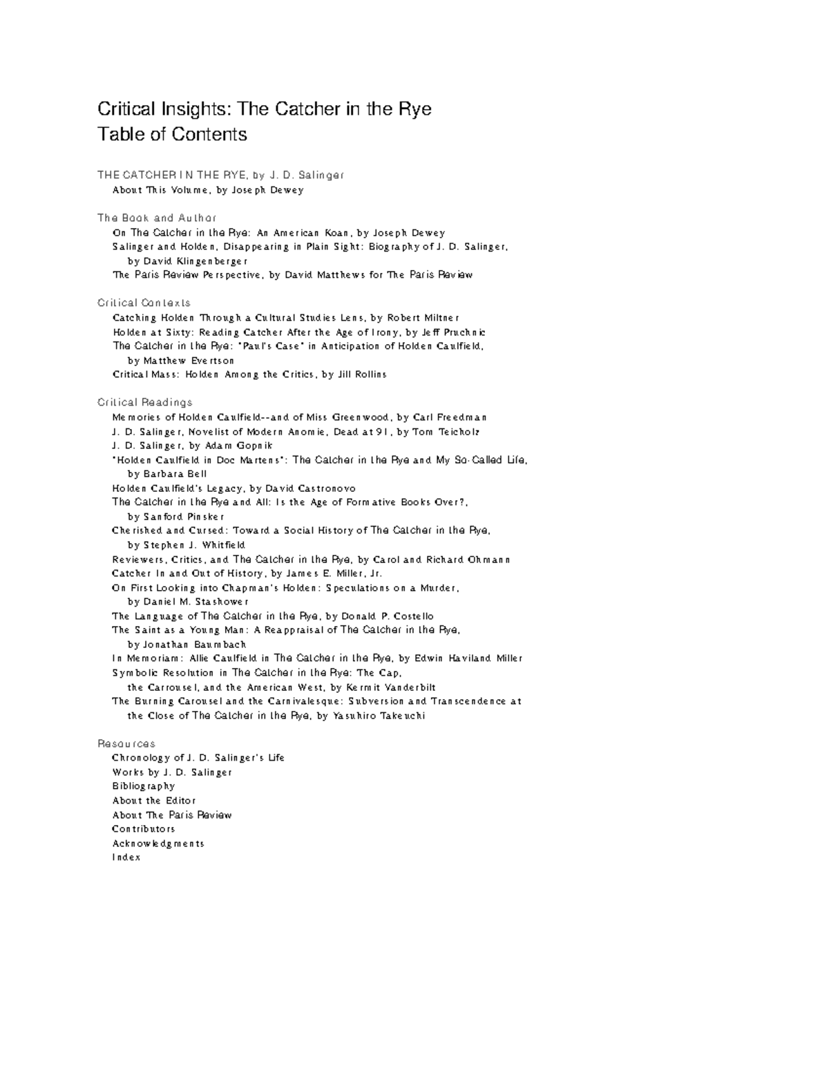Catcher in the rye table of contents critics - Critical Insights: The ...
