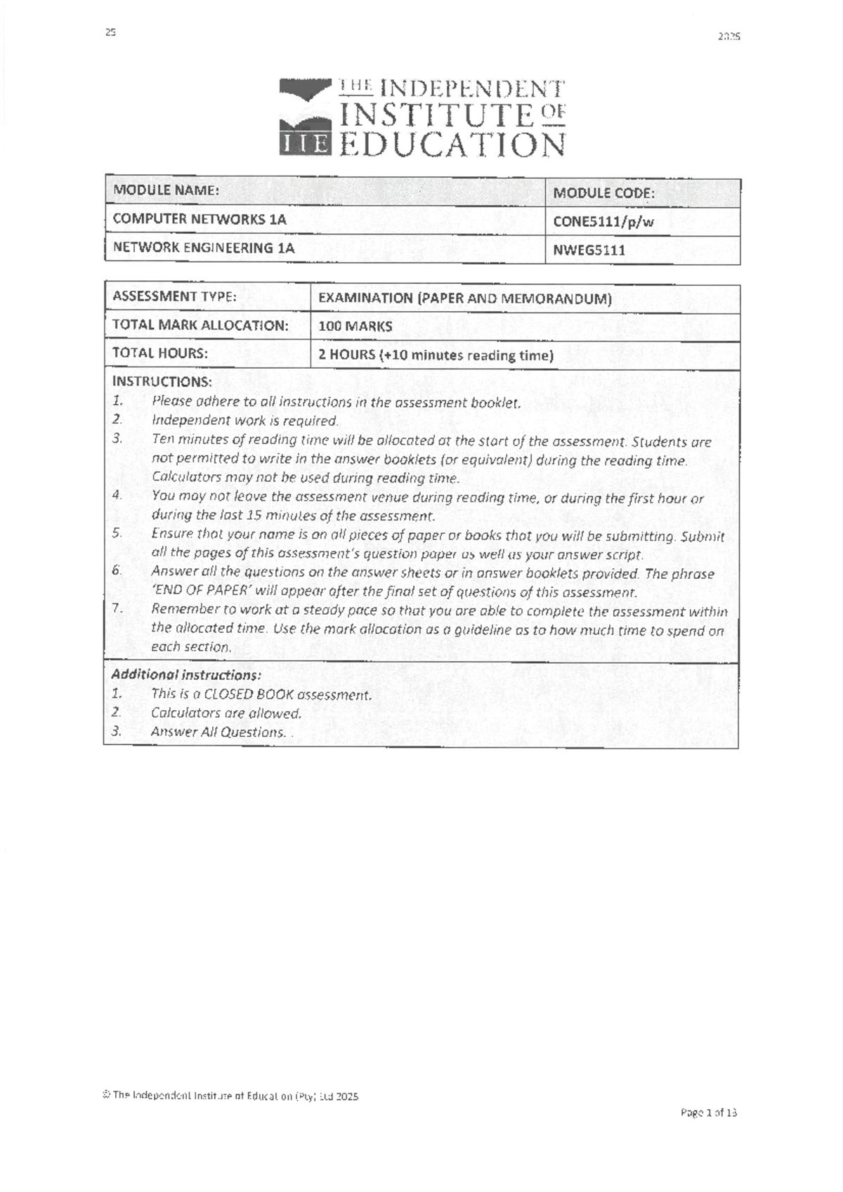 CONE5111 Computer Networks 1A Exam Paper & Memo 2025 - Studocu