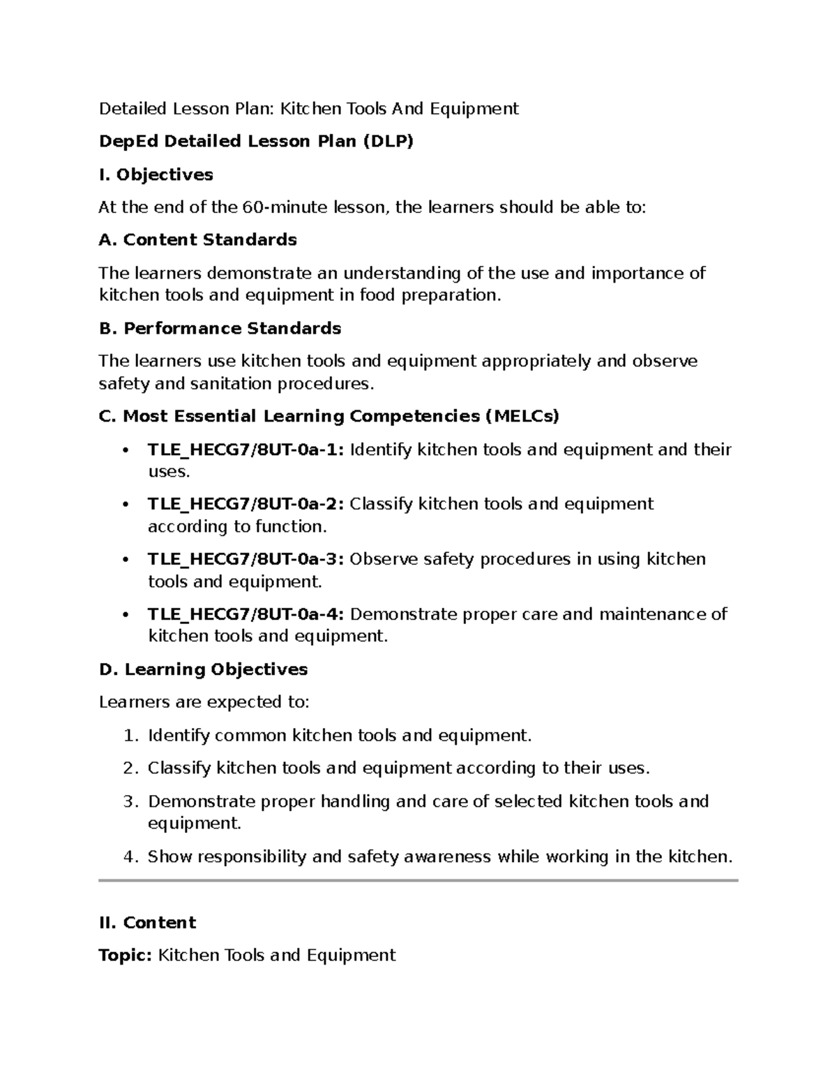 DLP: Detailed Lesson Plan on Kitchen Tools & Equipment - Studocu
