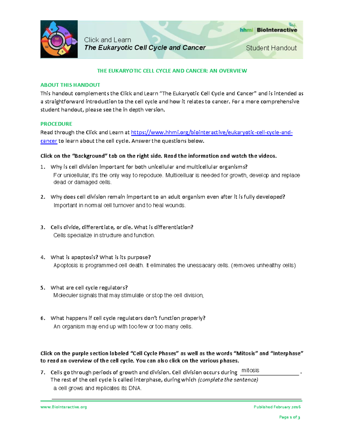 HHMI Cancer and Cell Cycle - BioInteractive Published February 2016 ...