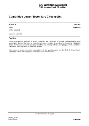 Cambridge Lower Secondary Science Checkpoint Paper 1 - April 2024 - Studocu