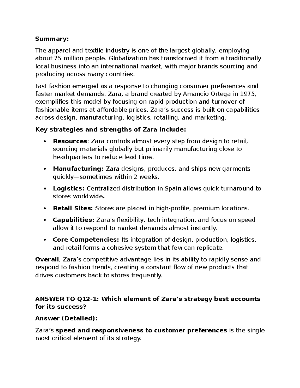 ZARA Case Study: Speed & Strategy in Fast Fashion Success - Studocu