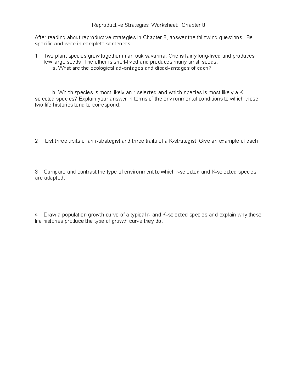 Reproductive Strategies Worksheet - Be specific and write in complete ...