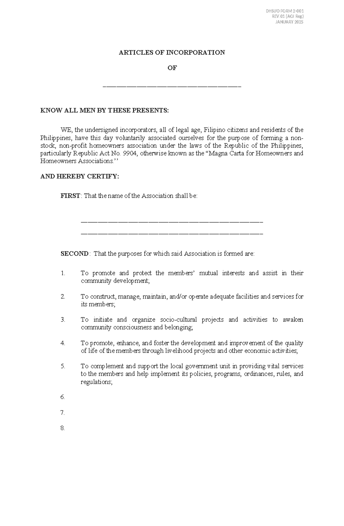 DHSUD FORM REV.01: Articles of Incorporation for Regular HOA v2024 ...