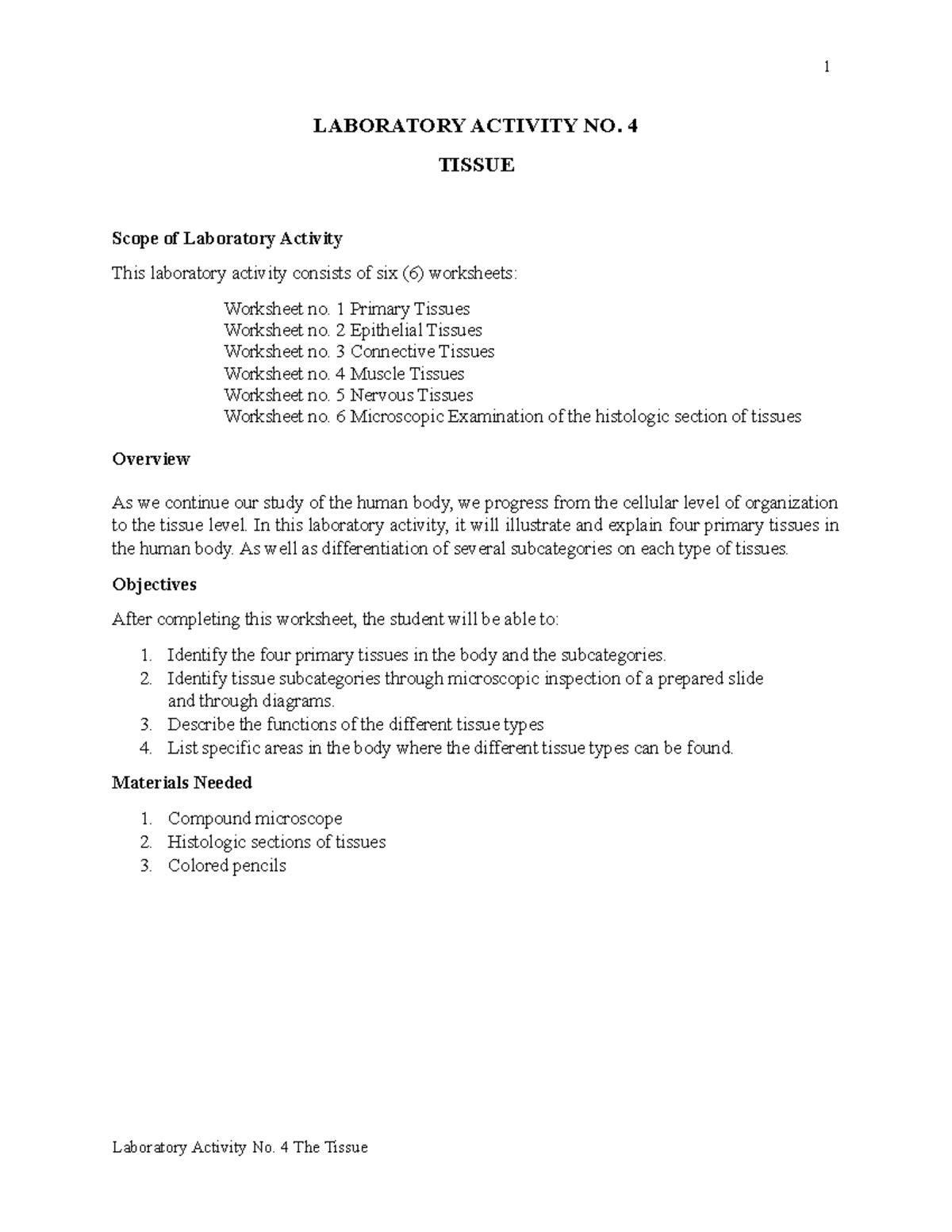 Laboratory- Activity-NO - 1 Laboratory Activity No. 4 The Tissue LABORATORY ACTIVITY NO. 4 ...