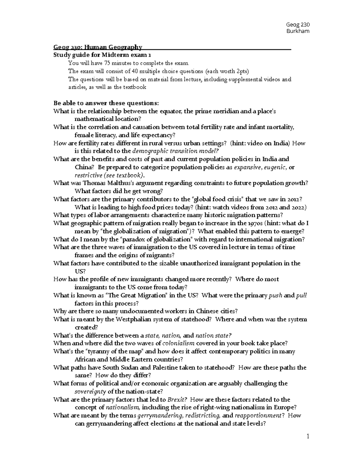 Geog 230: Human Geography Midterm Exam 1 Study Guide Review - Studocu