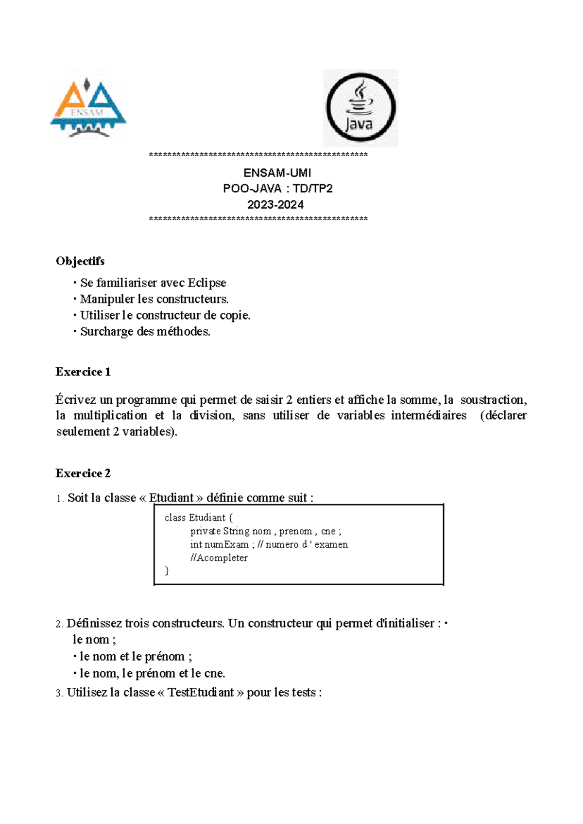 TP2 - Java Lab: Objectifs et Exercices sur les Constructeurs OOP - Studocu