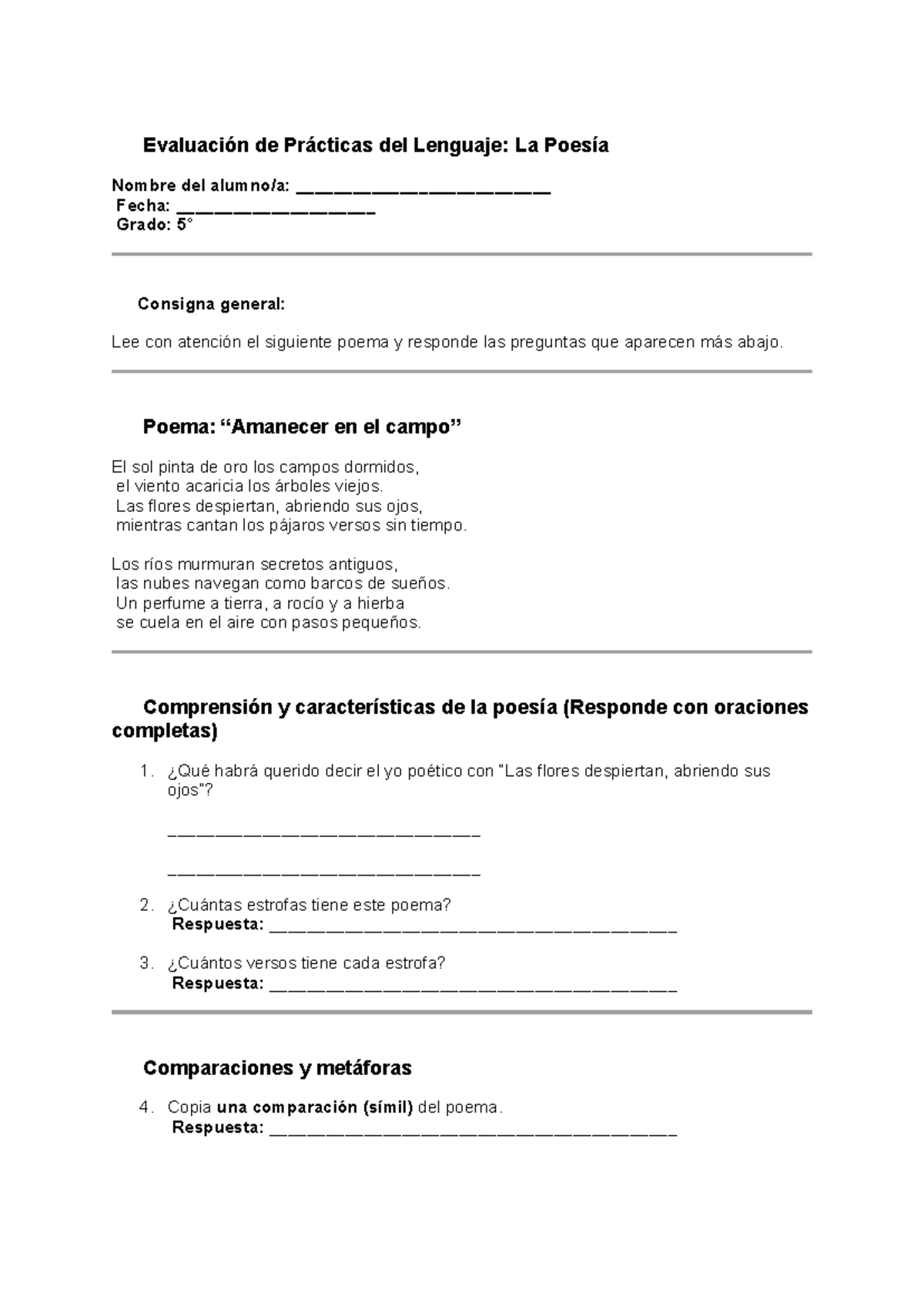 Evaluación de Prácticas del Lenguaje: La Poesía - Ejercicios y Análisis ...