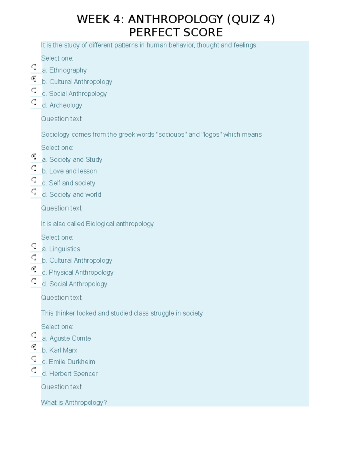Sociology and Anthropology Quiz 4 (College) - Studocu