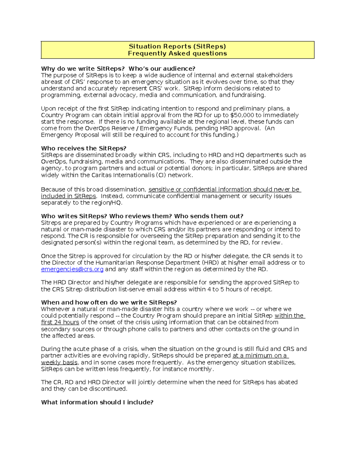 Updated Situation Report Template for CRS Emergency Response - Nov 2014 ...