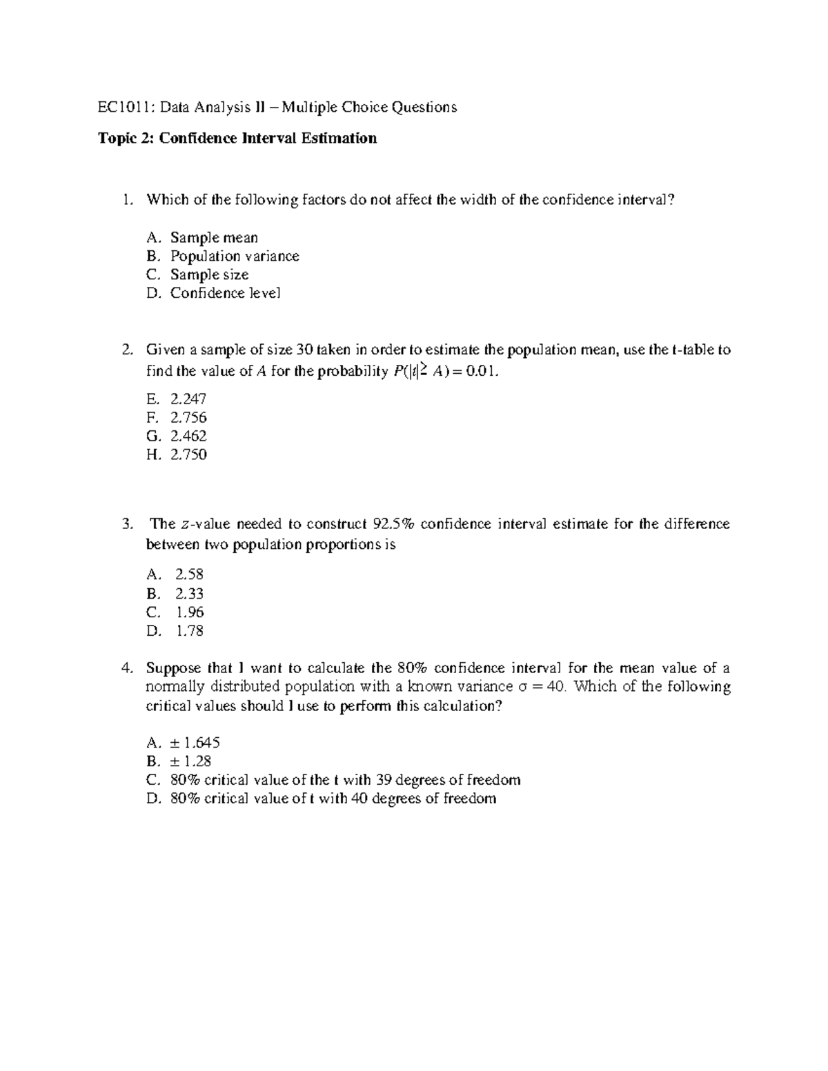 MCQ Confidence intervals - EC1011: Data Analysis II – Multiple Choice ...