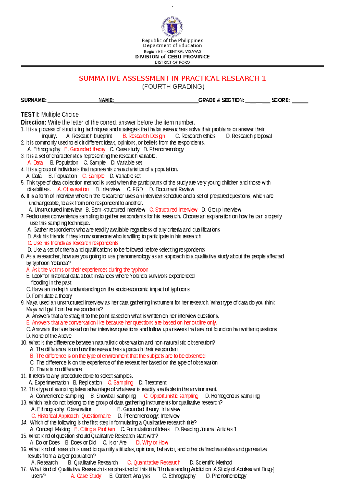 Summative Assessment in Practical Research 1 (PR1) - Answer Key - Studocu