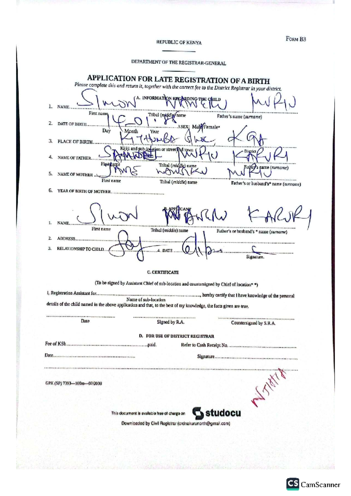 Application for Late Birth Registration - FORM B3, Kenya - Studocu