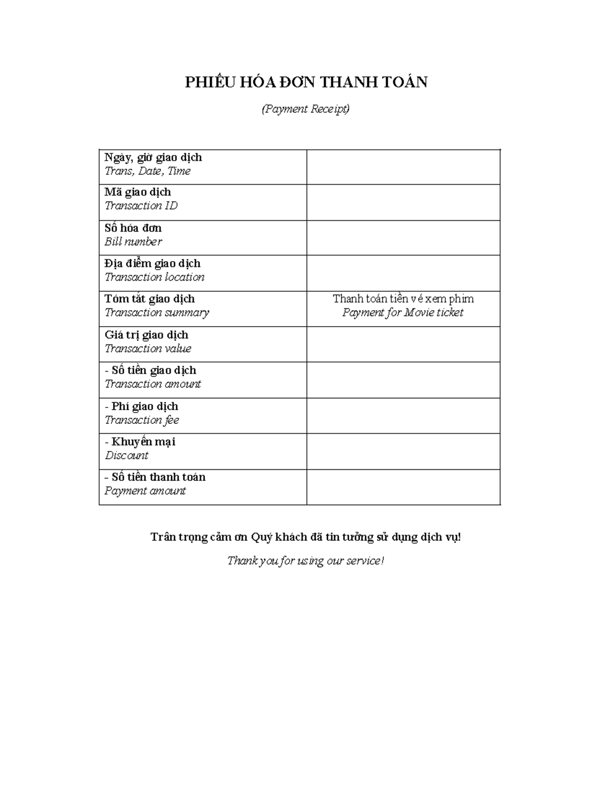 PHIẾU HÓA ĐƠN Thanh TOÁN pthttt - PHIẾU HÓA ĐƠN THANH TOÁN (Payment ...
