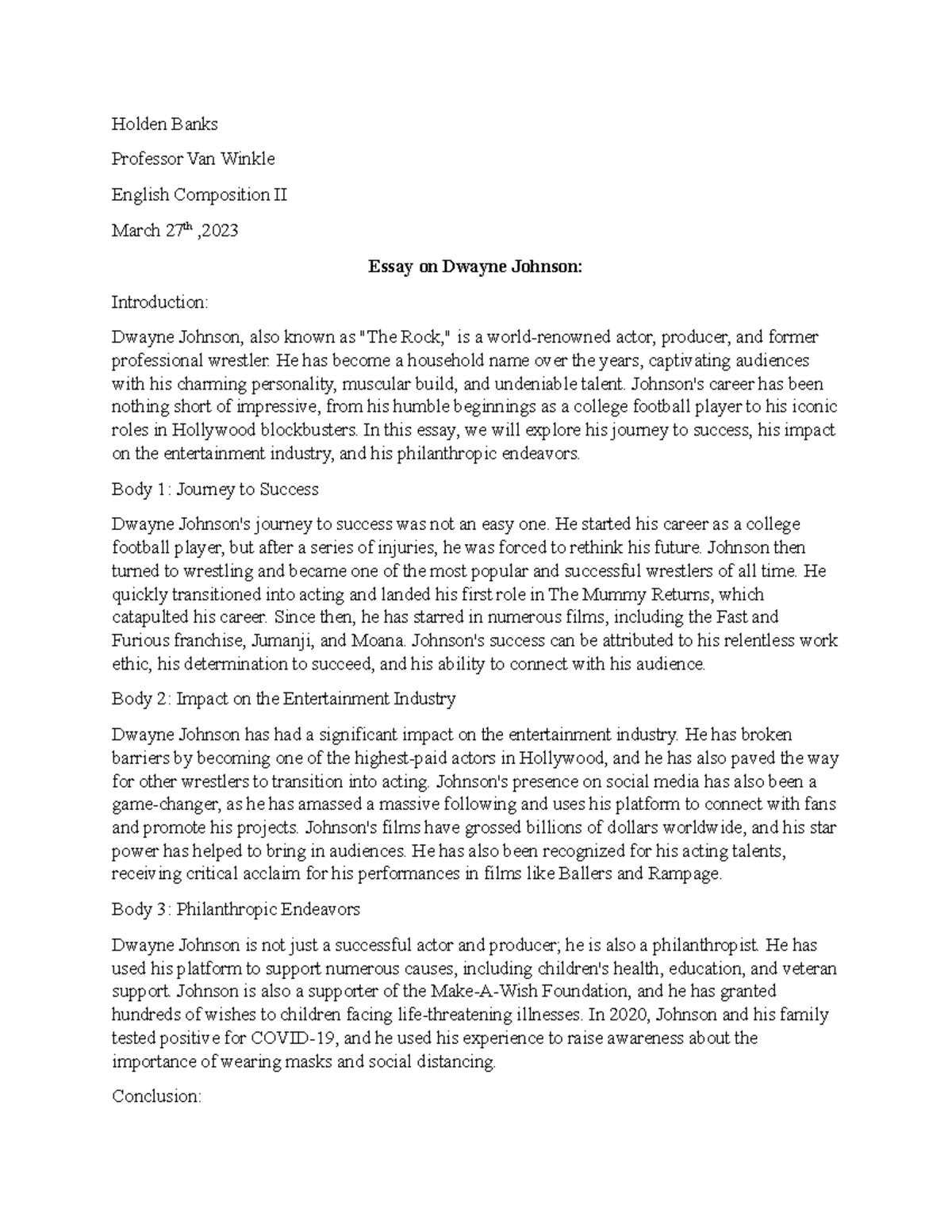 Essay on Dwayne Johnson: Success, Impact, and Philanthropy - Studocu