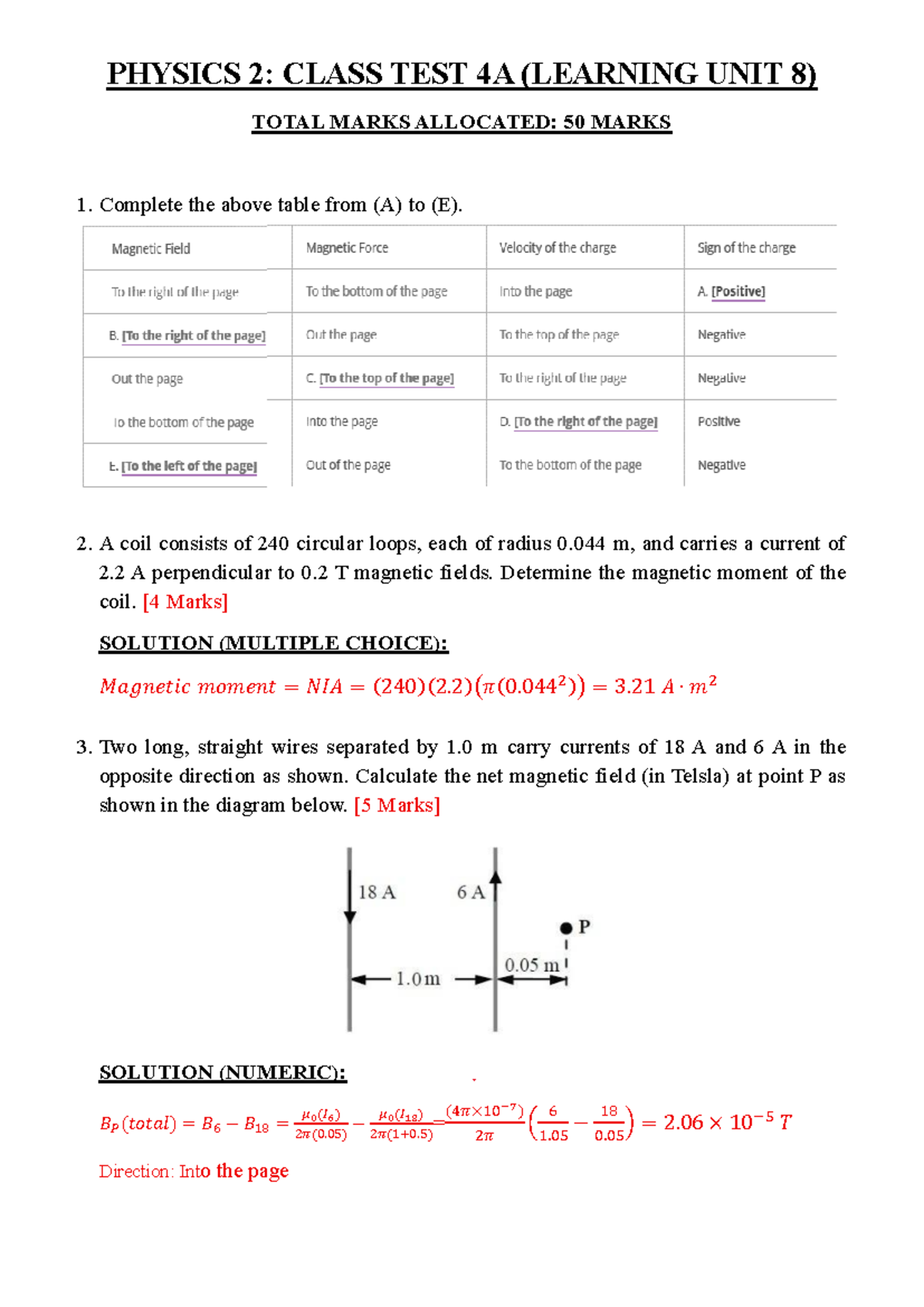 PHYSICS 2: CLASS TEST 4A (LEARNING UNIT 8) SOLUTIONS & QUESTIONS - Studocu