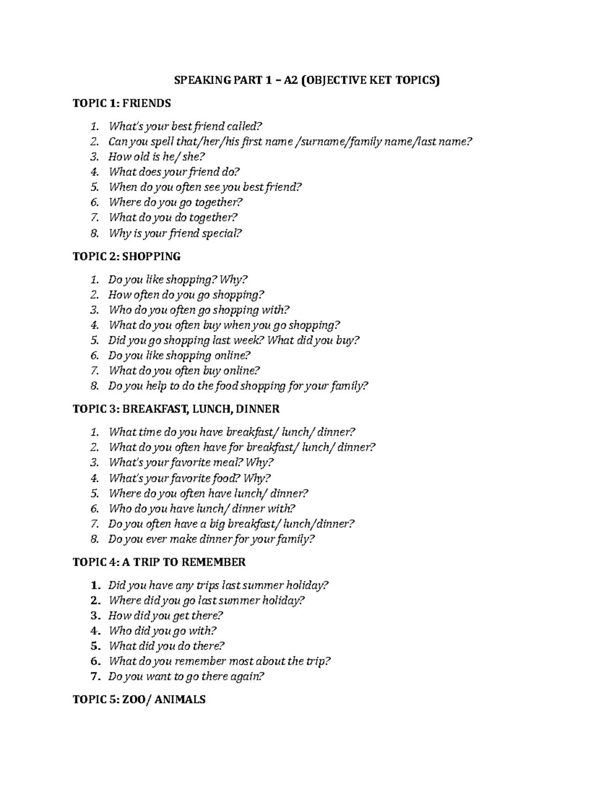 Speaking PART 1 - A2 - Objective KET Study Guide Topics - Studocu